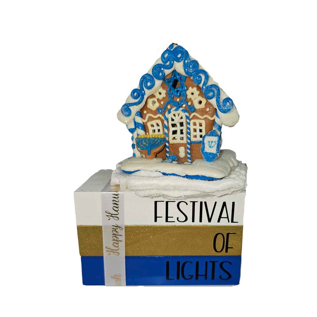Hanukkah Book Stack With a Gingerbread House for Tiered Tray, LED Light ...