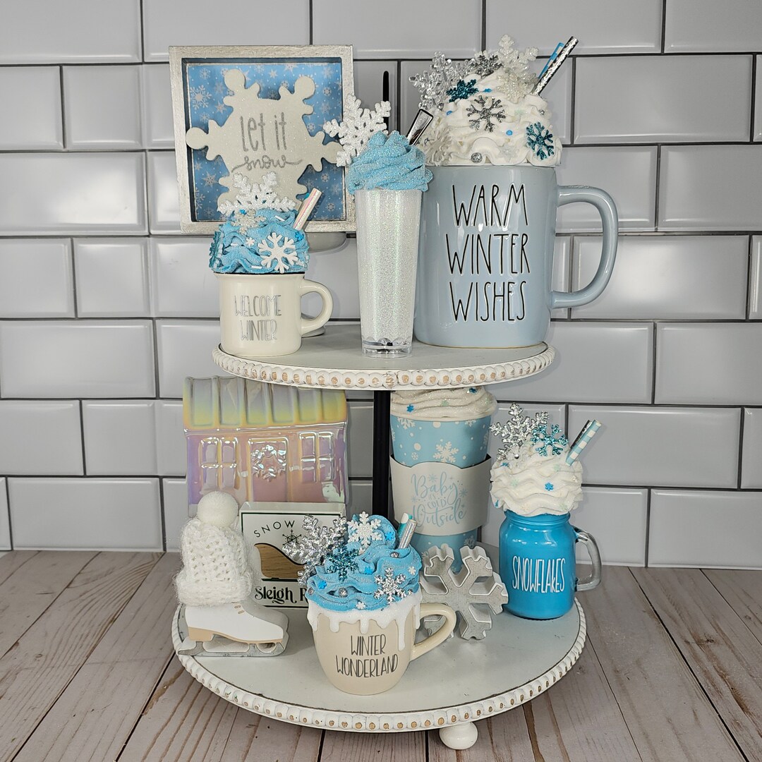 Winter Wonderland Tiered Tray Decor Set, Faux Whipped Cream, Snowflake ...