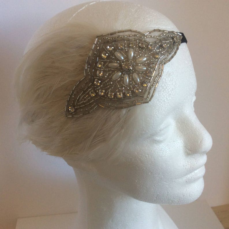BEIGE Feather Fascinator Silver Art Deco Headpiece Rhinestone | Etsy