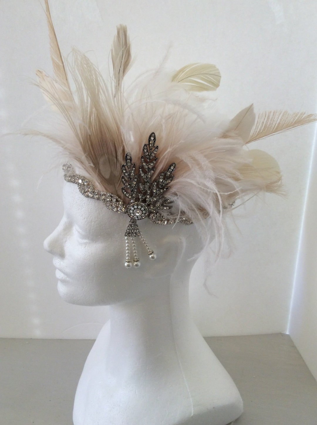 1920s Art Deco Rhinestone Headpiece, Feather Fascinator - Etsy
