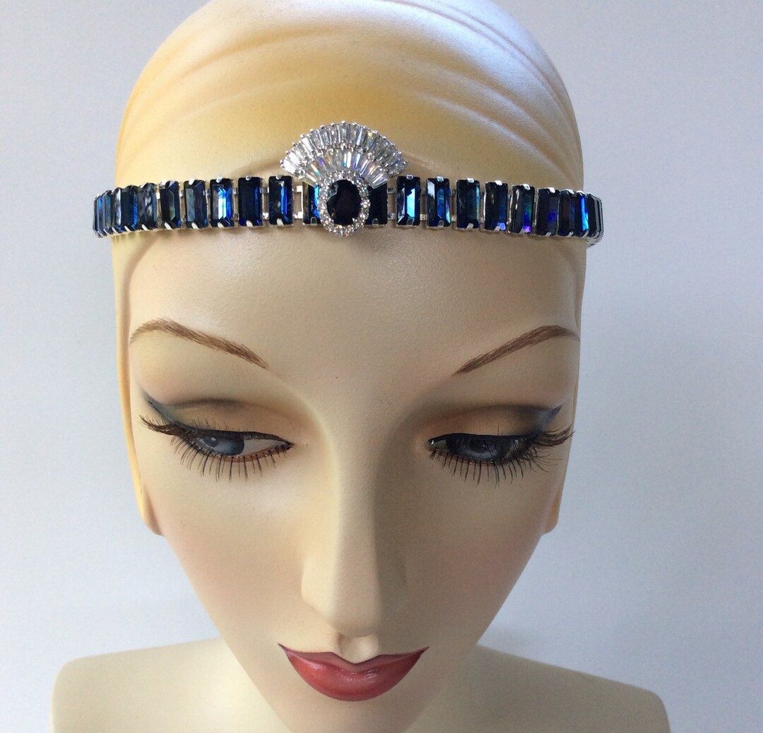 1920s Art Deco Jewel Headpiece, Blue Crystal Bridal Headband, Navy Blue ...