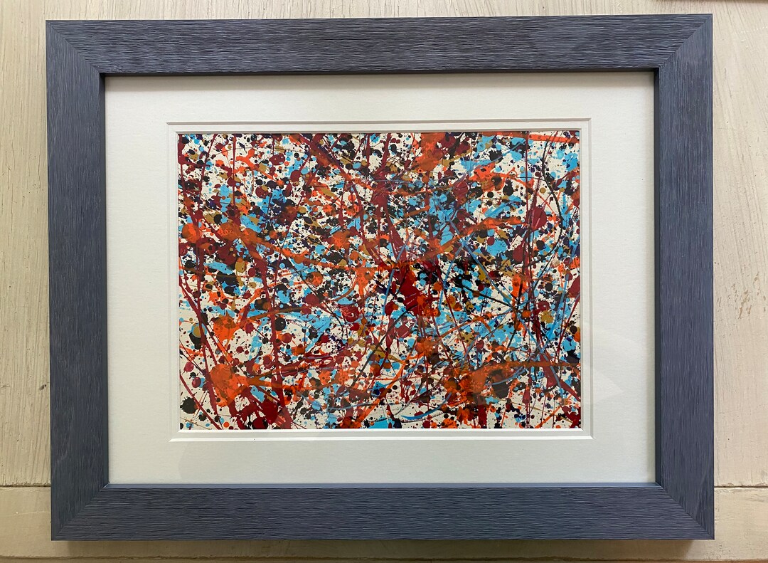Small Jackson Pollock Drip Painting, Orange Aqua Blue Abstract Style ...