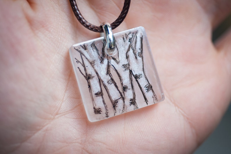 Birch Trees Resin Necklace - Square - Hand Drawn - Nature Lovers - Etsy
