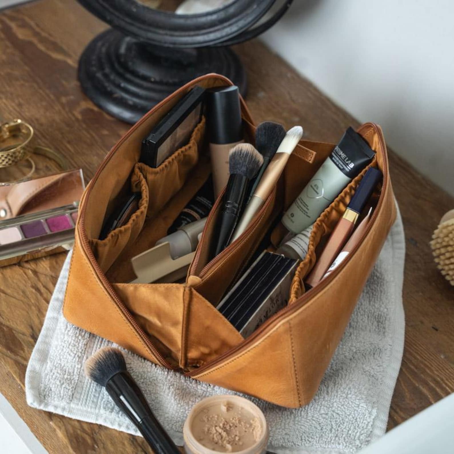 Leather Makeup Bag: Travel Toiletry Kit Organizer - Etsy