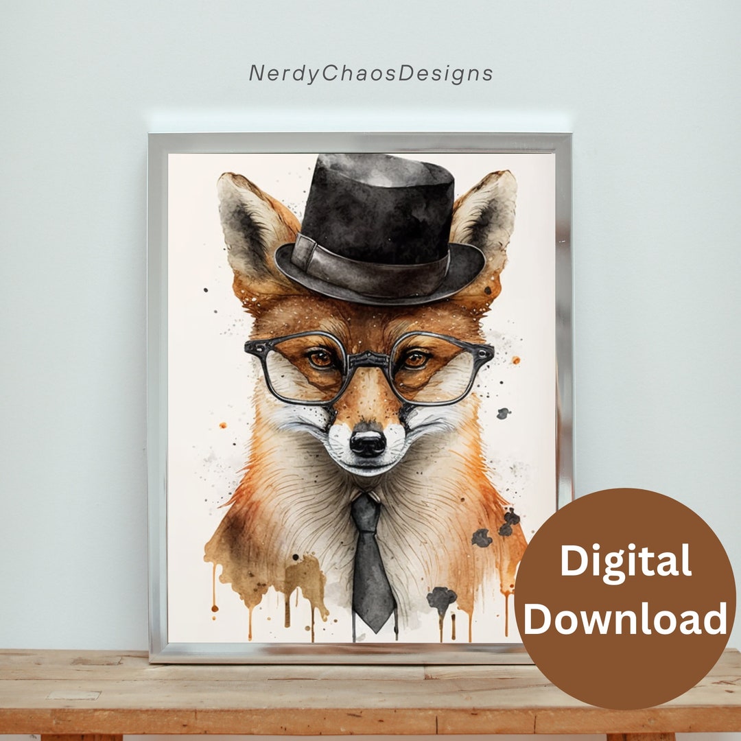 Gentleman Fox Printable Wall Art, Fox Wearing a Top Hat and Glasses ...