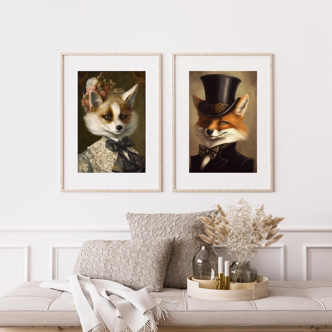 Fox Vintage Portraits, Victorian Fox Wearing a Top Hat Painting, Fox ...