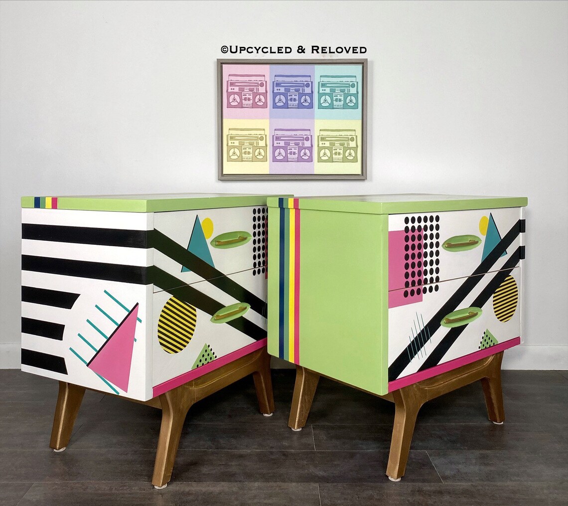 MCM Retro Vintage Nightstands, 80s Vibe, Geometric End Tables, Vintage ...
