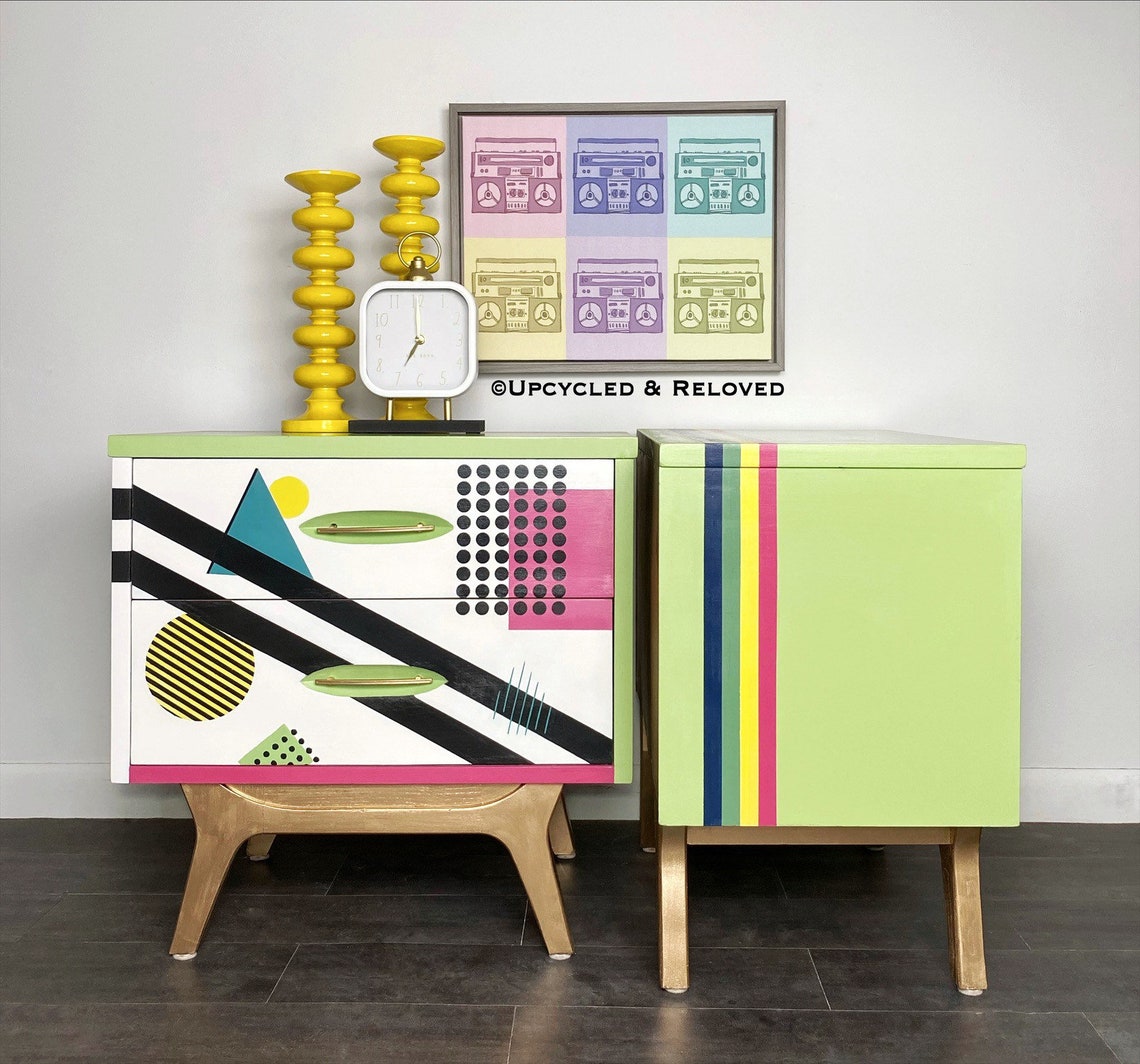 MCM Retro Vintage Nightstands, 80s Vibe, Geometric End Tables, Vintage ...