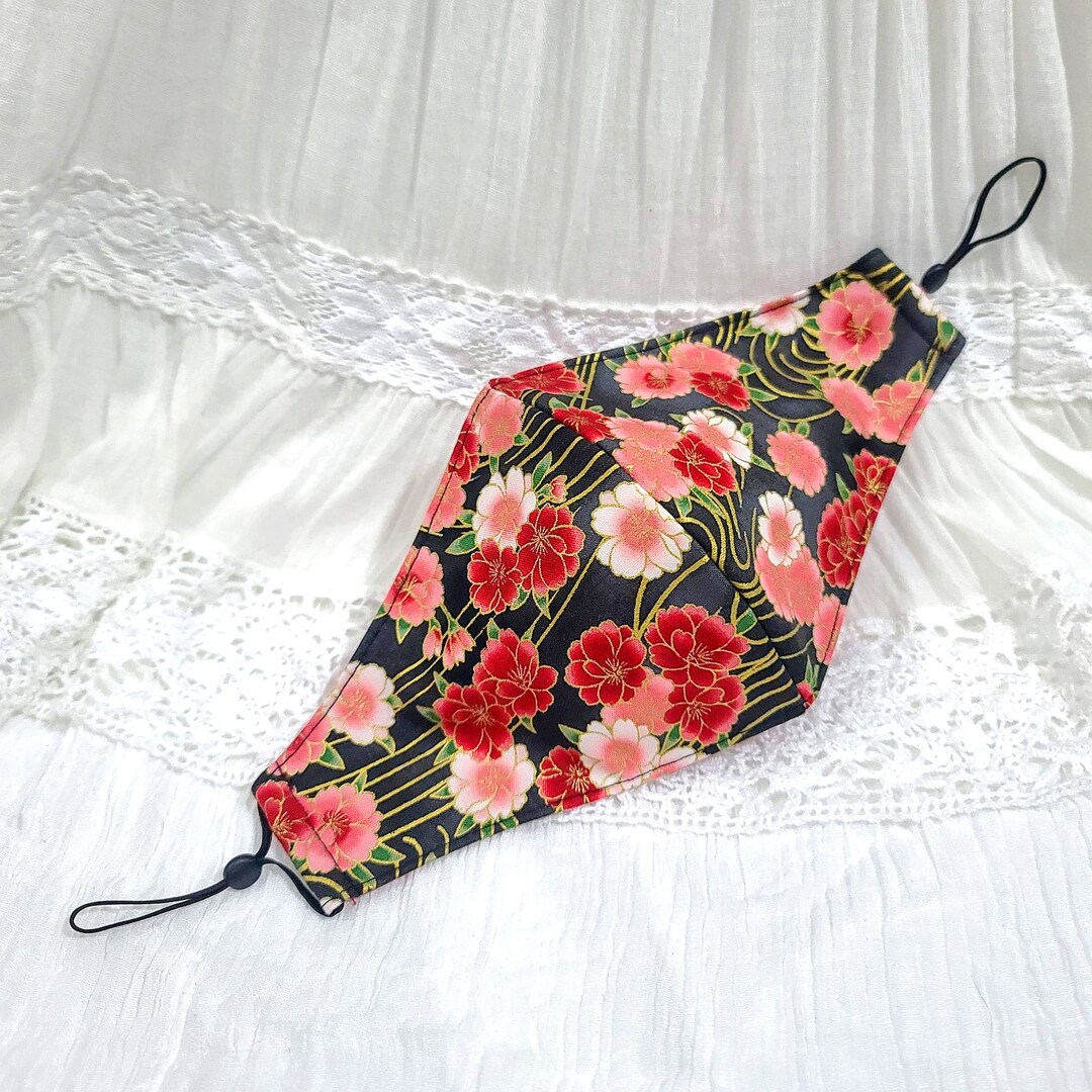 3-layer Japanese Red & Pink Sakura Cherry Blossoms Floral Fabric Mask ...