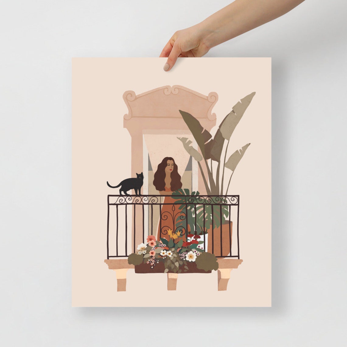 Woman in Balcony Illustration Print, Balcony Garden Illustration ...