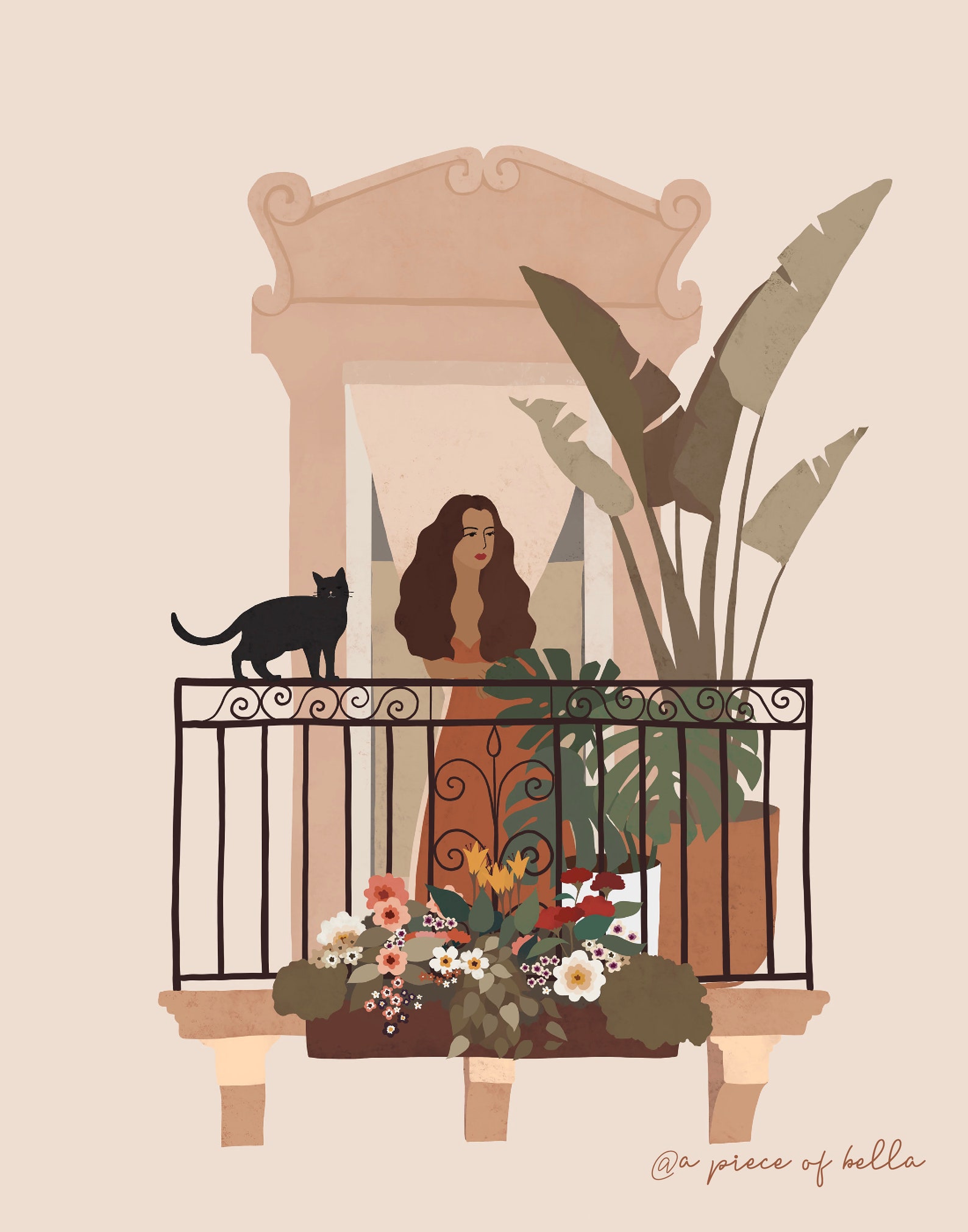 Woman in Balcony Illustration Print, Balcony Garden Illustration ...