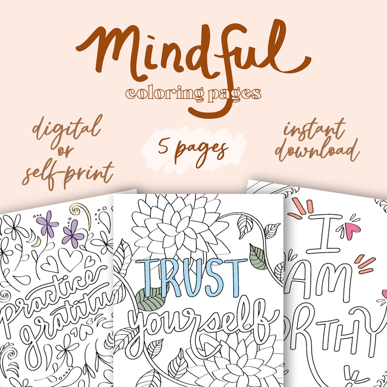 Mindful Coloring Pages (5)/positive Mantras/digital/instant Download - Etsy