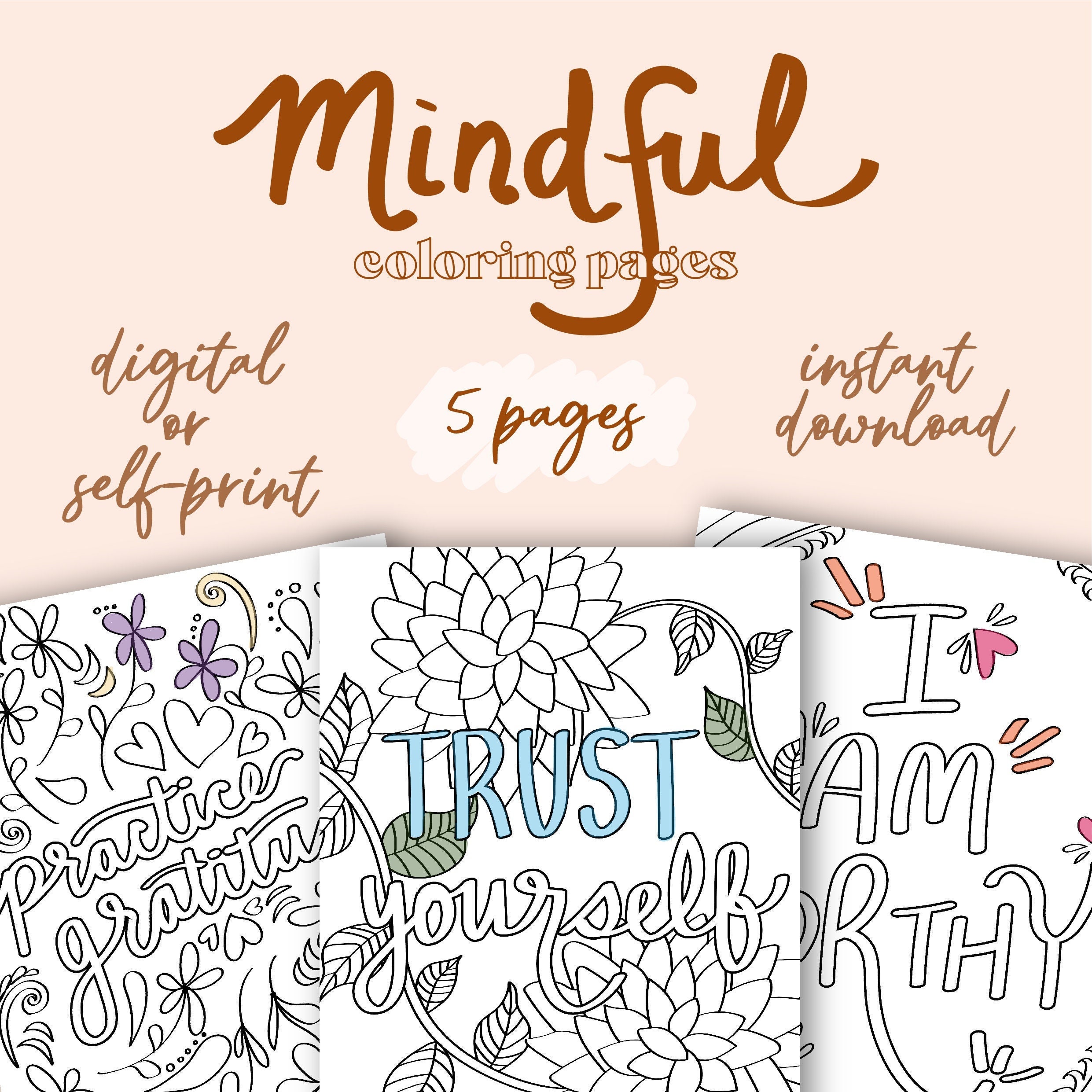 Mindful Coloring Pages (5)/positive Mantras/digital/instant Download - Etsy