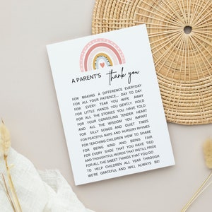 A Parents Thank You Card, Teacher Printable, Daycare, Kindy ...