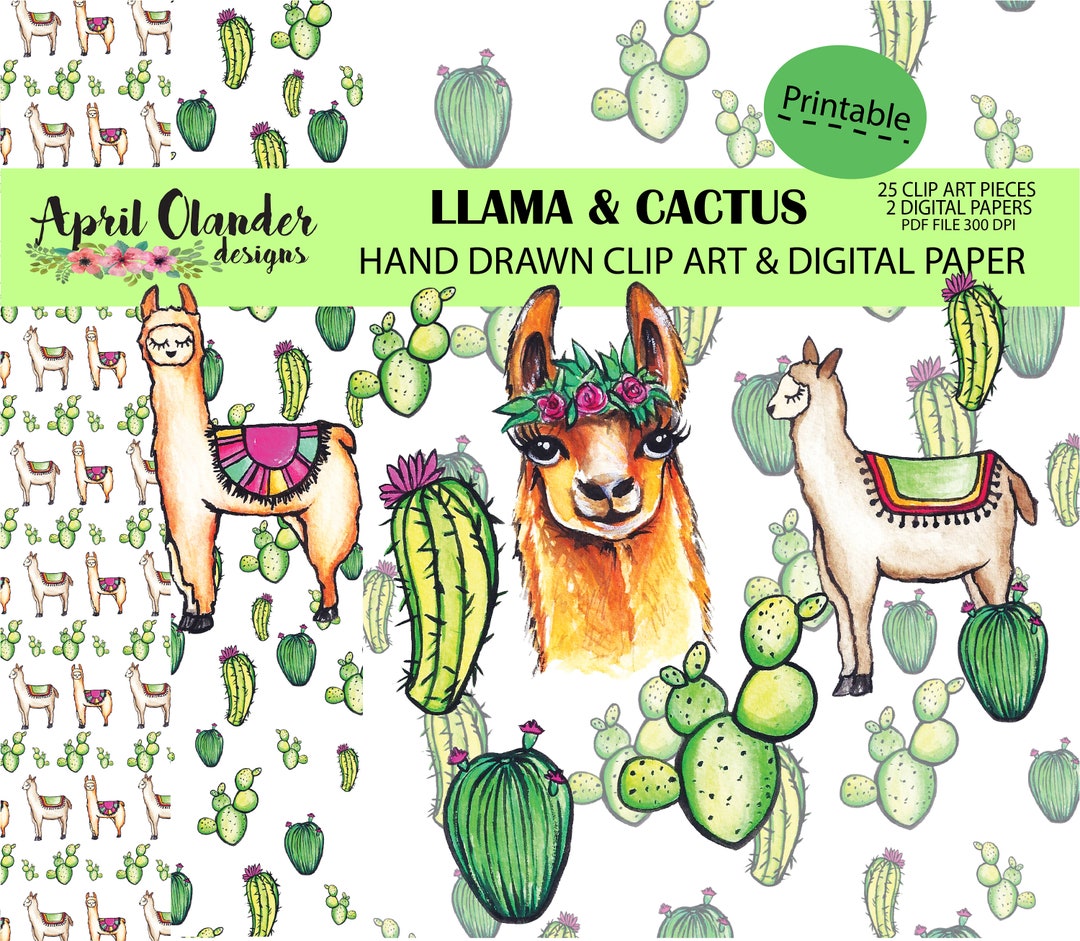 Llama and Cactus Downloadable Clip Art and Paper - Etsy