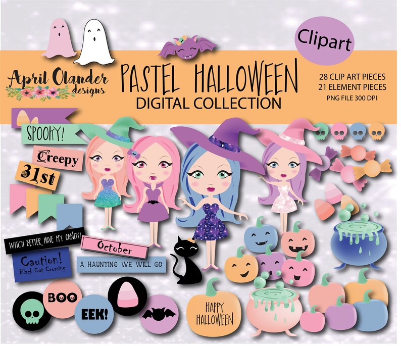 Pastel Halloween Clipart PNG Files - Etsy