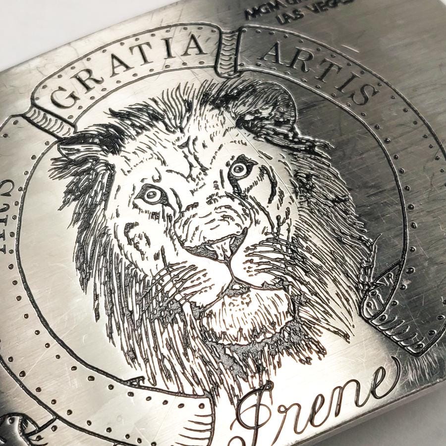 Mains Favre Metro Goldwyn Mayer MGM Lion Head Las Vegas Etched Belt ...