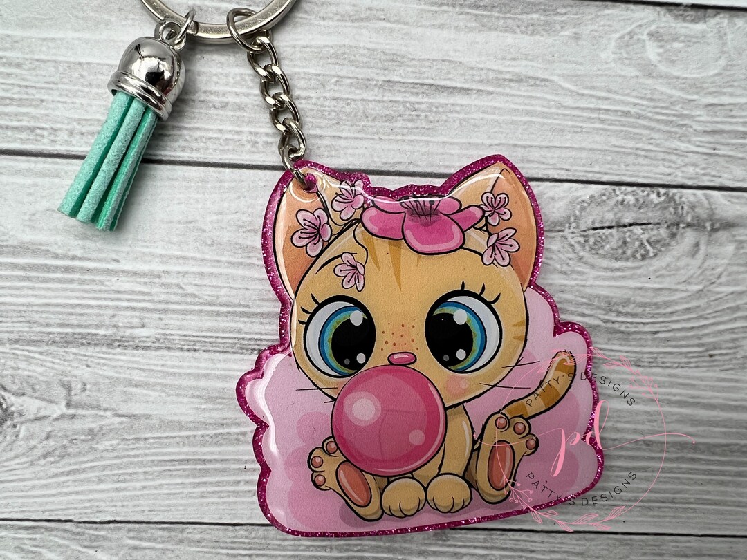 Kitty With Bubble Gum Keychain - Etsy