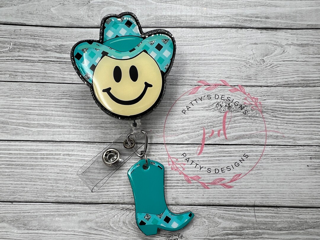Smiley Cowboy Aqua, Happy Cowboy W/cowboy Boot Charm Belt Clip Badge ...
