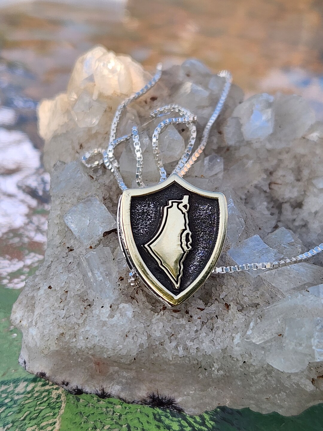 Gold and Silver Steel Shield Pendant | Map of Israel With Shema Israel ...