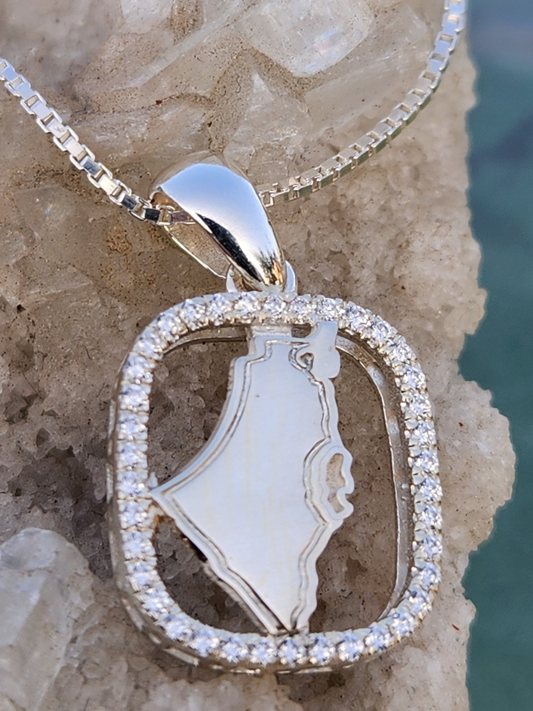 Sterling Silver Map of Israel With CZ Holy Land Necklace Pendant for ...