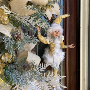 Christmas Wreath With Gold and Taupe Bows and Sitting Elf - Etsy