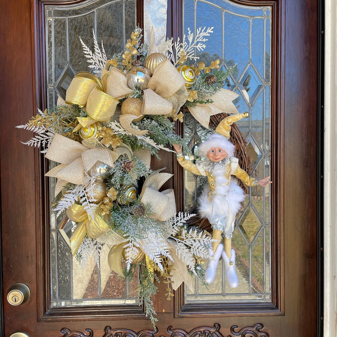 Christmas Wreath With Gold and Taupe Bows and Sitting Elf - Etsy