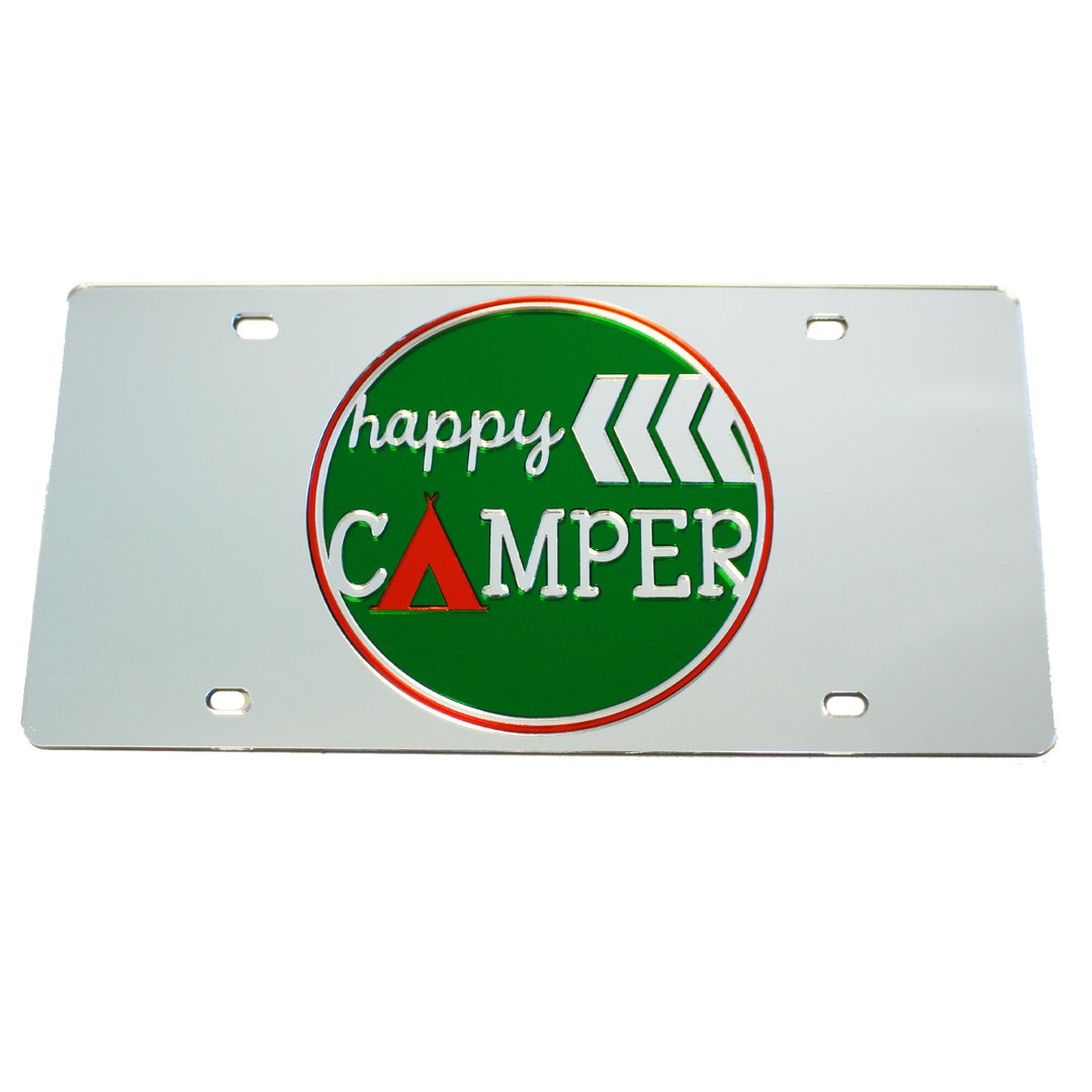 License Plate Happy Camper Circle Mirrored Car Tag - Etsy