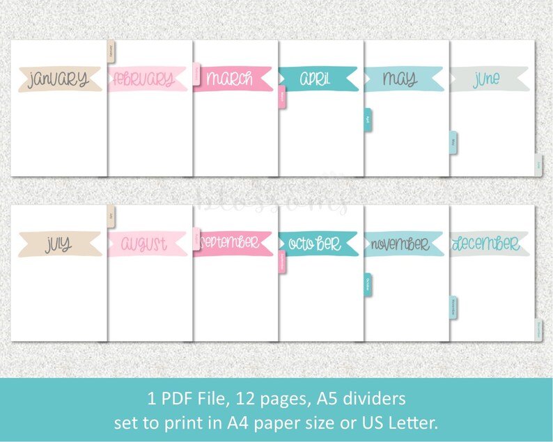 Printable Months Divider Pages With Tabs. A5 Size Instant | Etsy