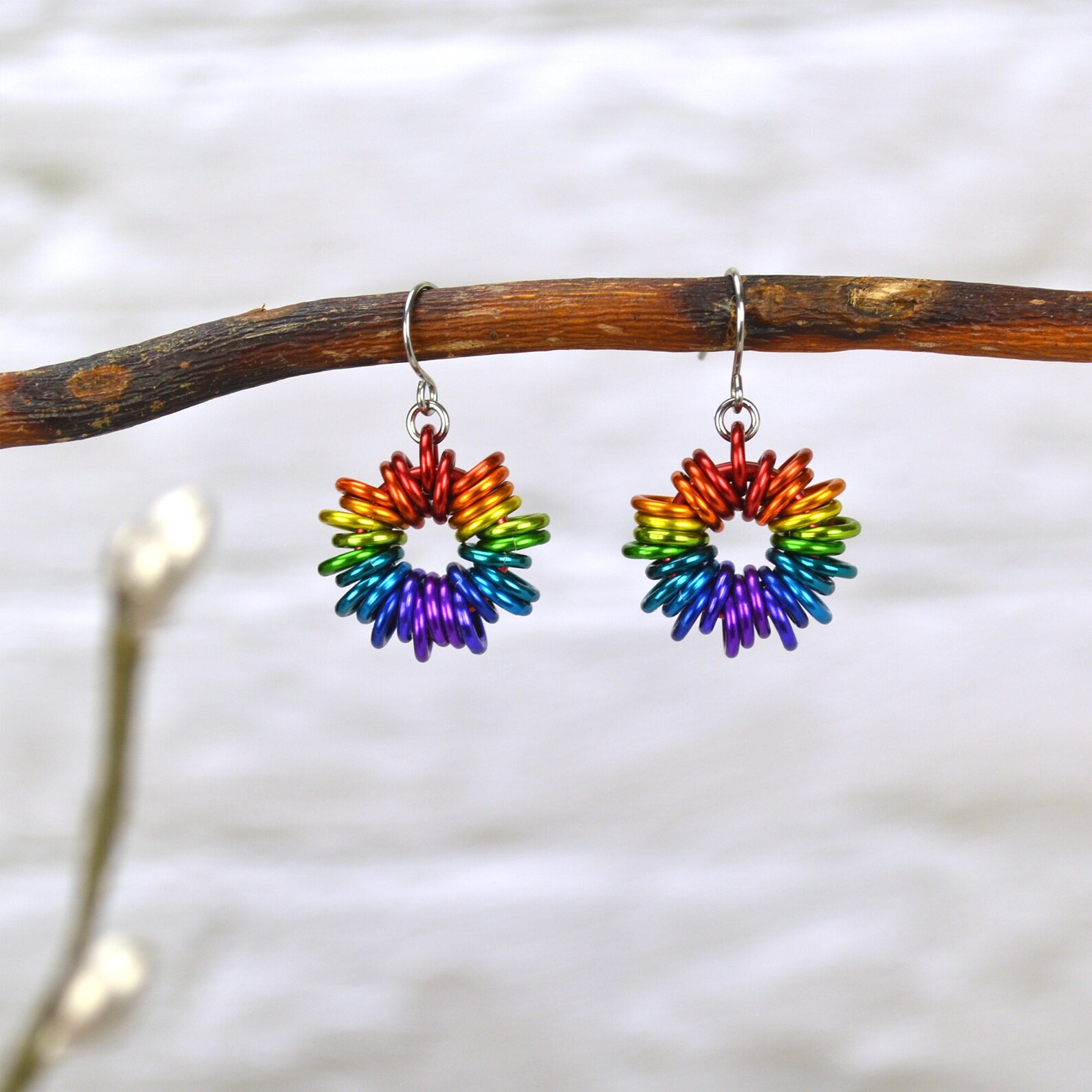 Rainbow Ombre Coiled Earrings, Small Chainmaille Starburst Brightly ...