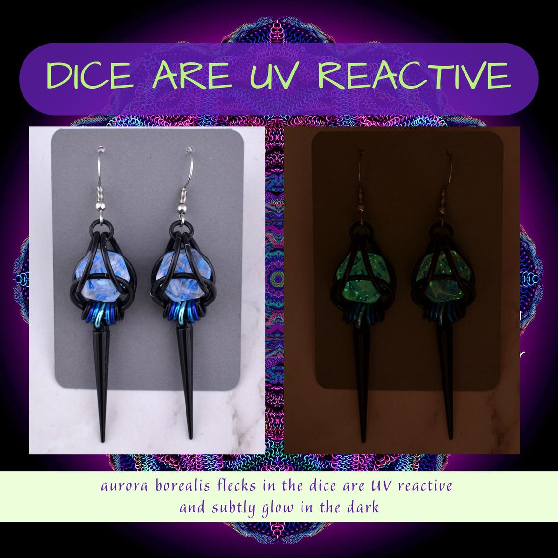 Black Spike Dice Earrings | UV Reactive D20 Jewelry - Clear Aurora ...