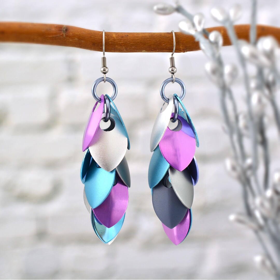Pastel Leaf Long Jingly Earrings - Snow Fairy Colorway: White, Grey ...