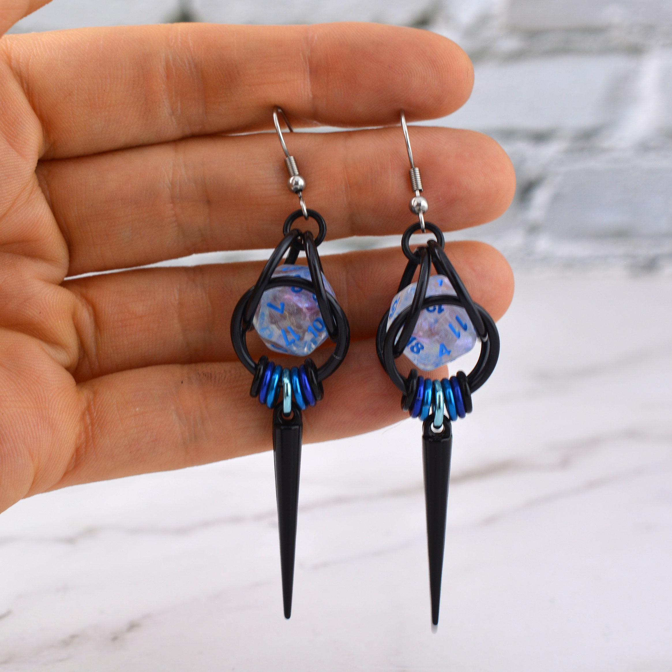 Black Spike Dice Earrings | UV Reactive D20 Jewelry - Clear Aurora ...