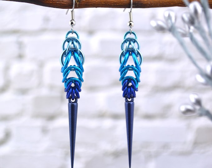 Blue Ombre Spike Earrings, Lightweight Elegant Dangle Chainmaille ...