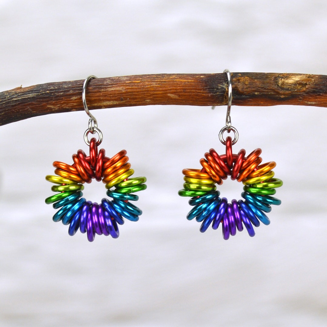 Rainbow Ombre Coiled Earrings, Small Chainmaille Starburst Brightly ...