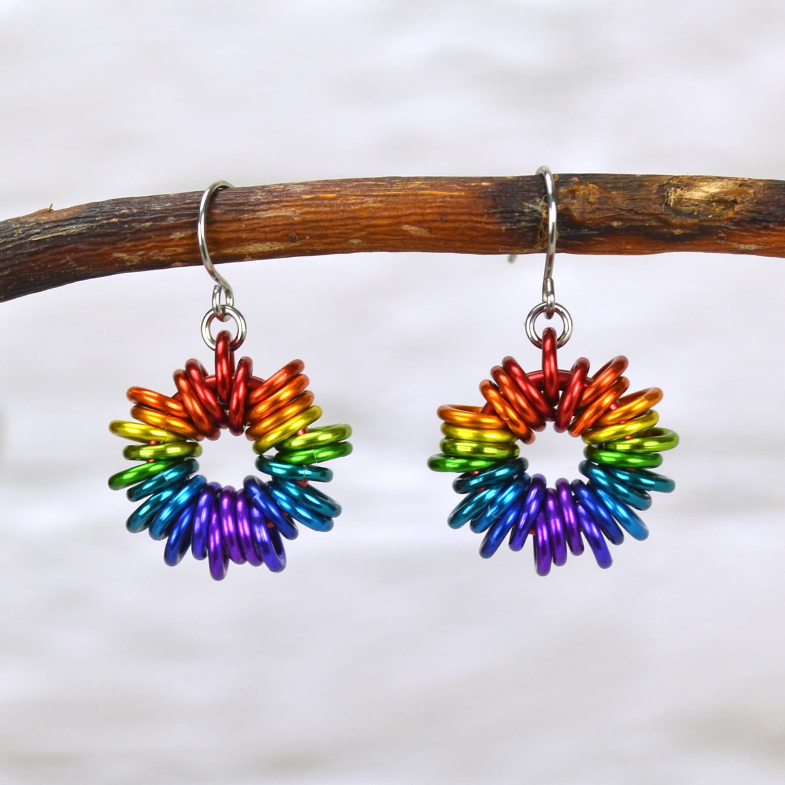 Rainbow Ombre Coiled Earrings, Small Chainmaille Starburst Brightly ...