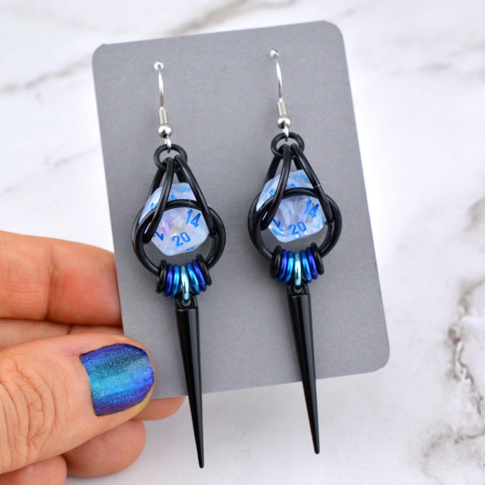 Black Spike Dice Earrings | UV Reactive D20 Jewelry - Clear Aurora ...