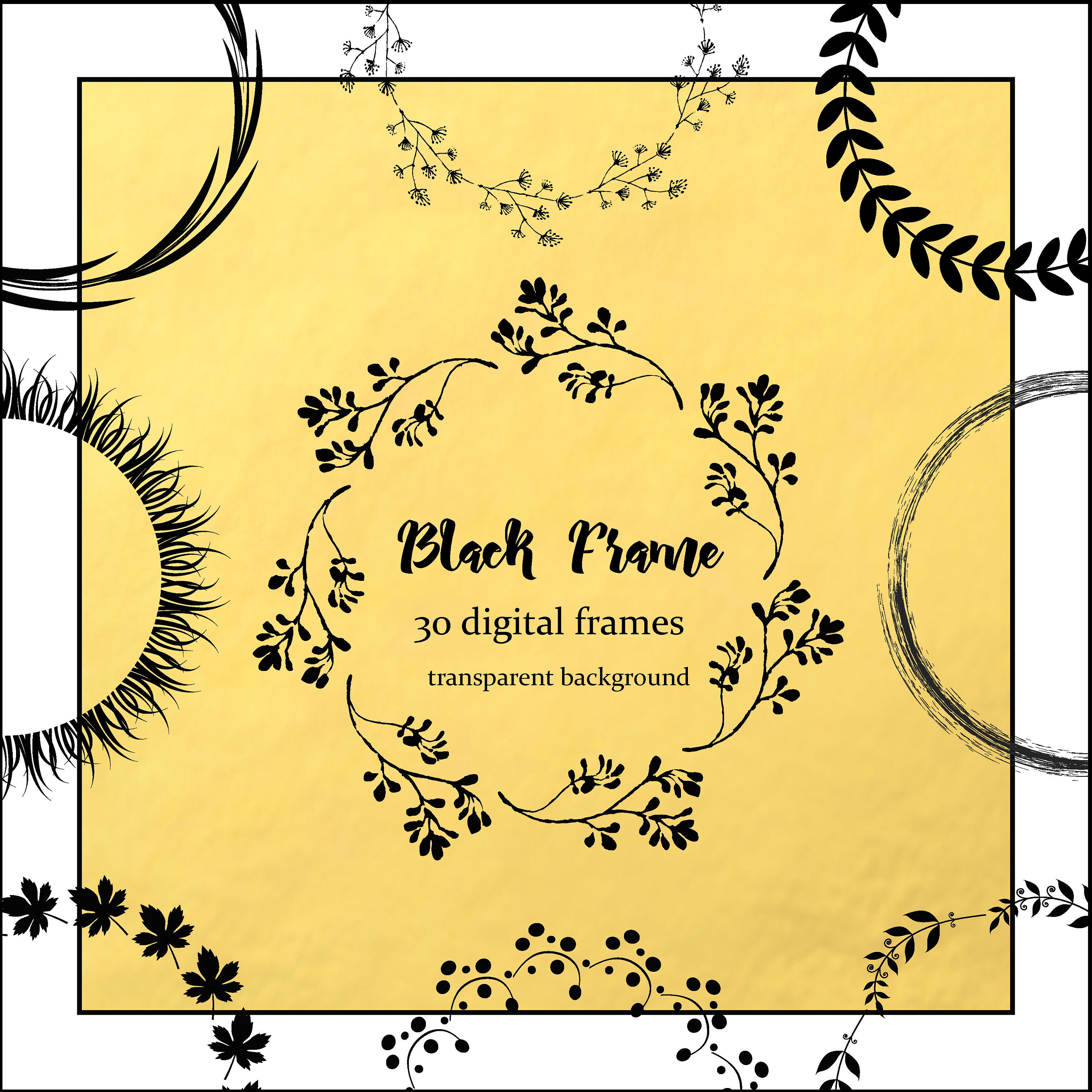 Black digital frames Black Floral frames Clipart Black Circle | Etsy