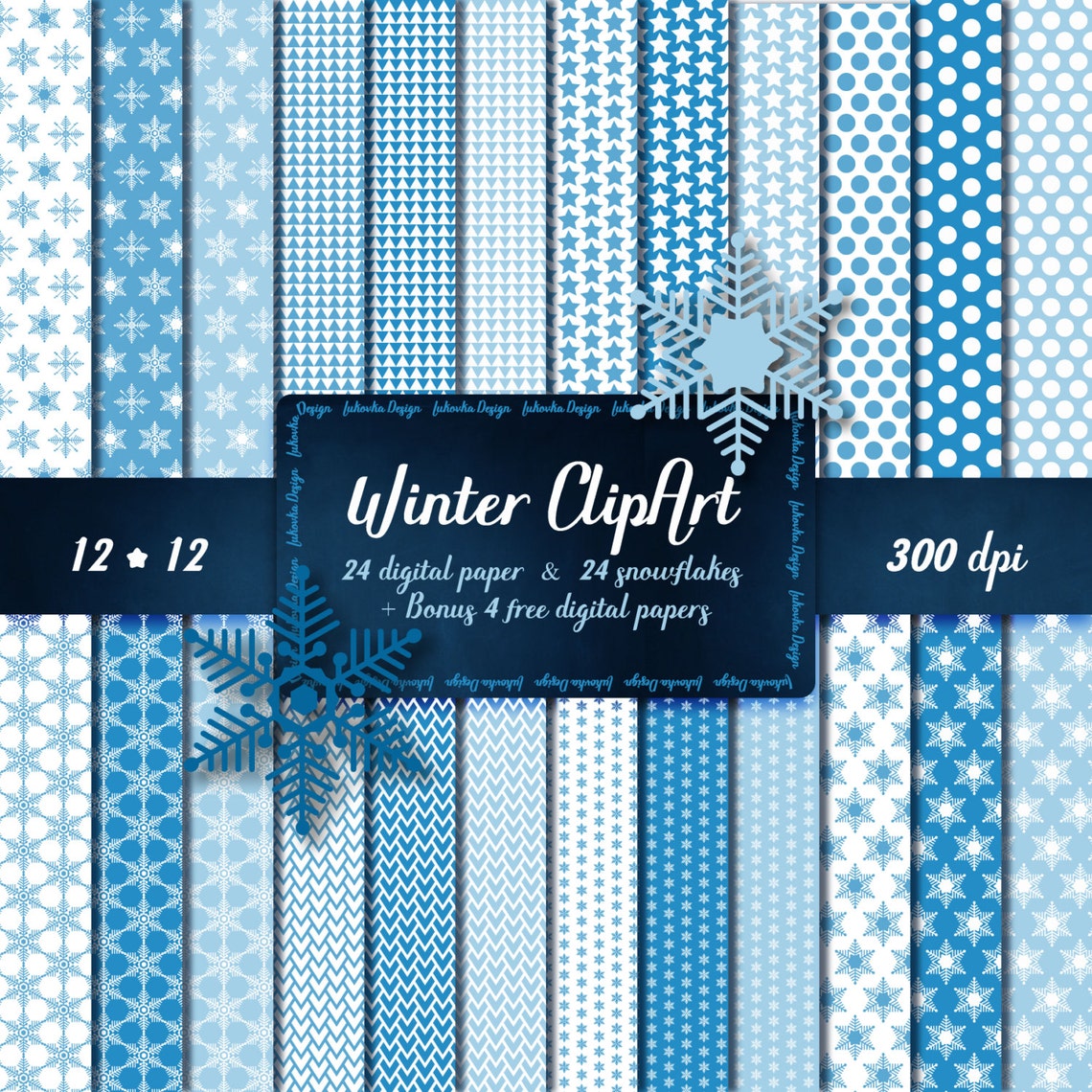 Winter Digital Paper Blue Snowflake Papers Winter Scrapbook | Etsy