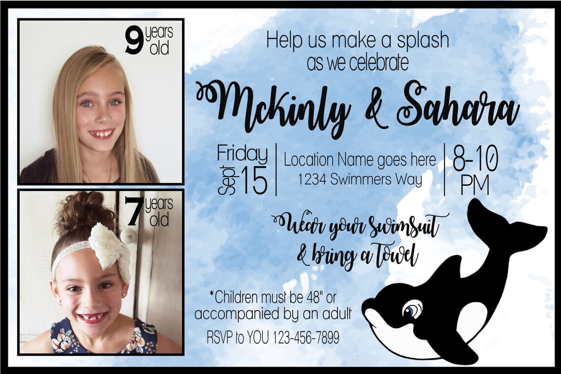 Orca Whale Birthday Party Invitation, Shamu Themed Two Photo Water/swim ...