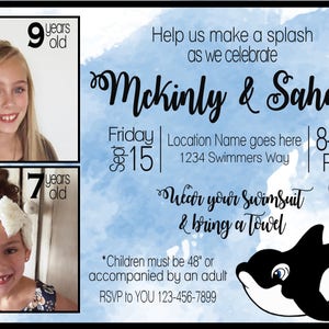 Orca Whale Birthday Party Invitation, Shamu Themed Two Photo Water/swim ...