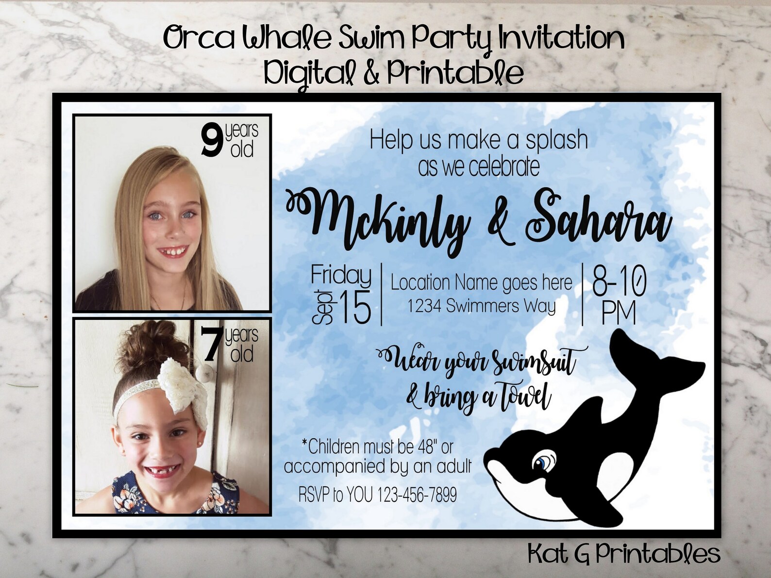 Orca Whale Birthday Party Invitation, Shamu Themed Two Photo Water/swim ...