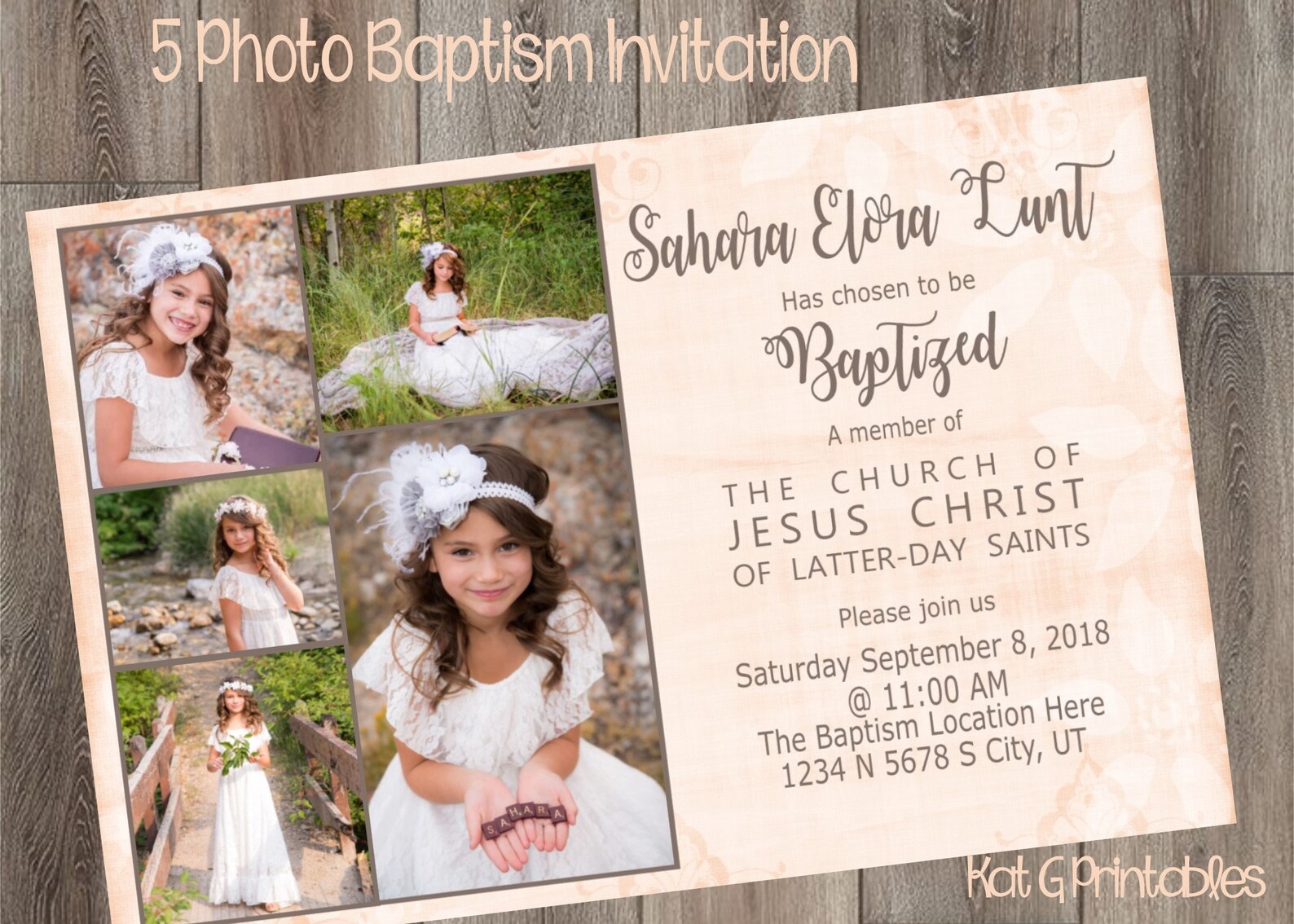 5 Photo Baptism Invitation, Floral Background, Digital and Printable ...