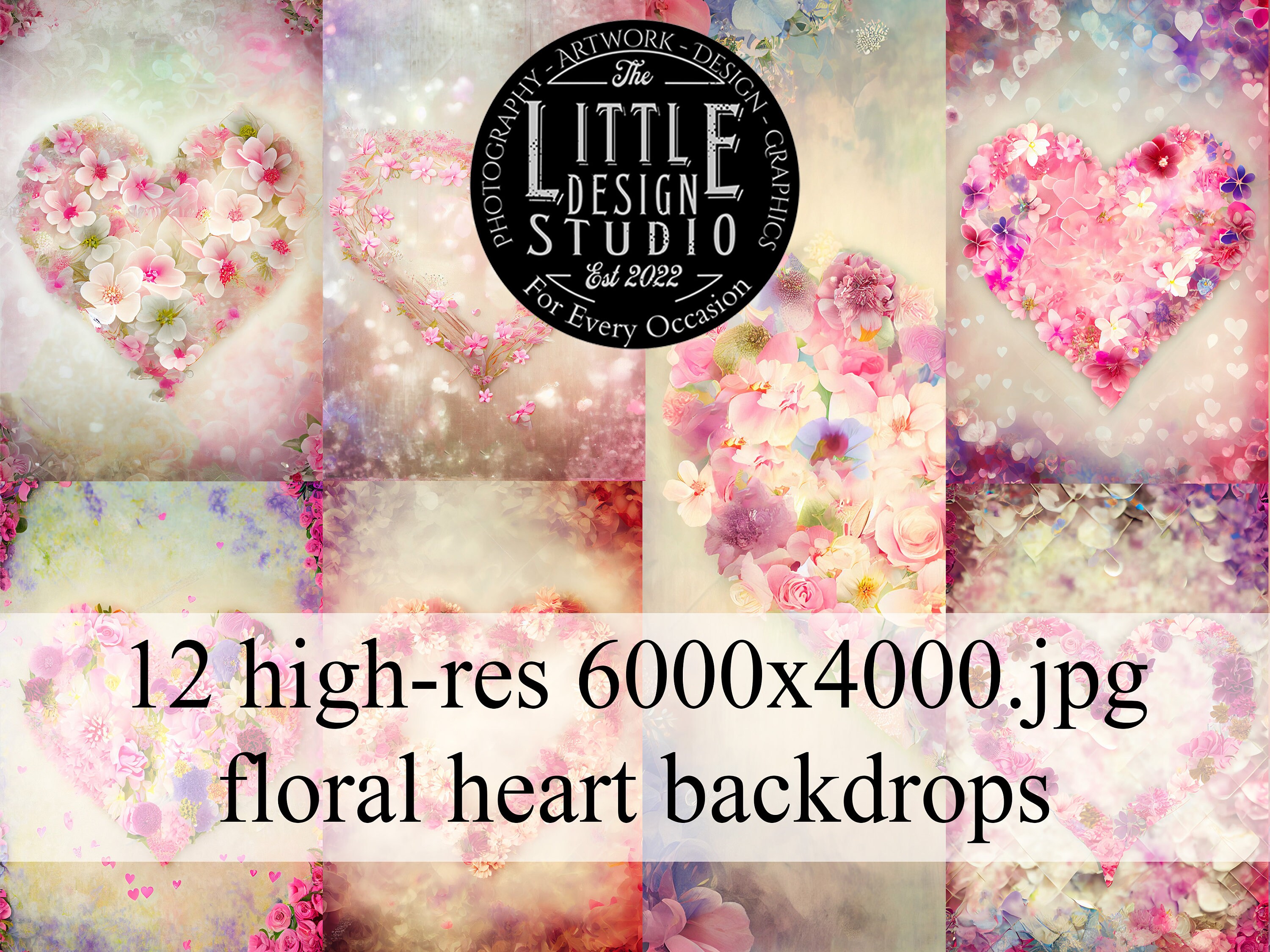 Floral Heart Texture Backdrop Overlays, 12 Digital Floral Overlays ...
