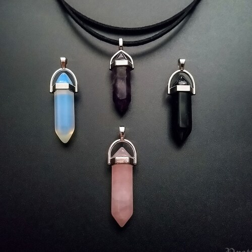 Double Black Choker With Crystal Point Pendant Layered Flat - Etsy