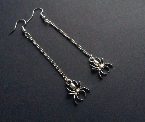Silver Spider Earrings with Chains Chain Earrings with Spider | Etsy