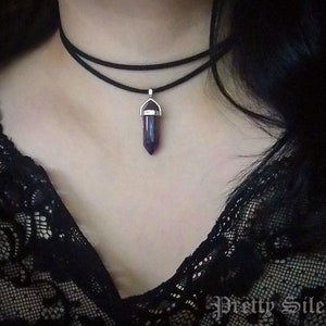 Double Black Choker With Crystal Point Pendant, Layered Flat Cord ...