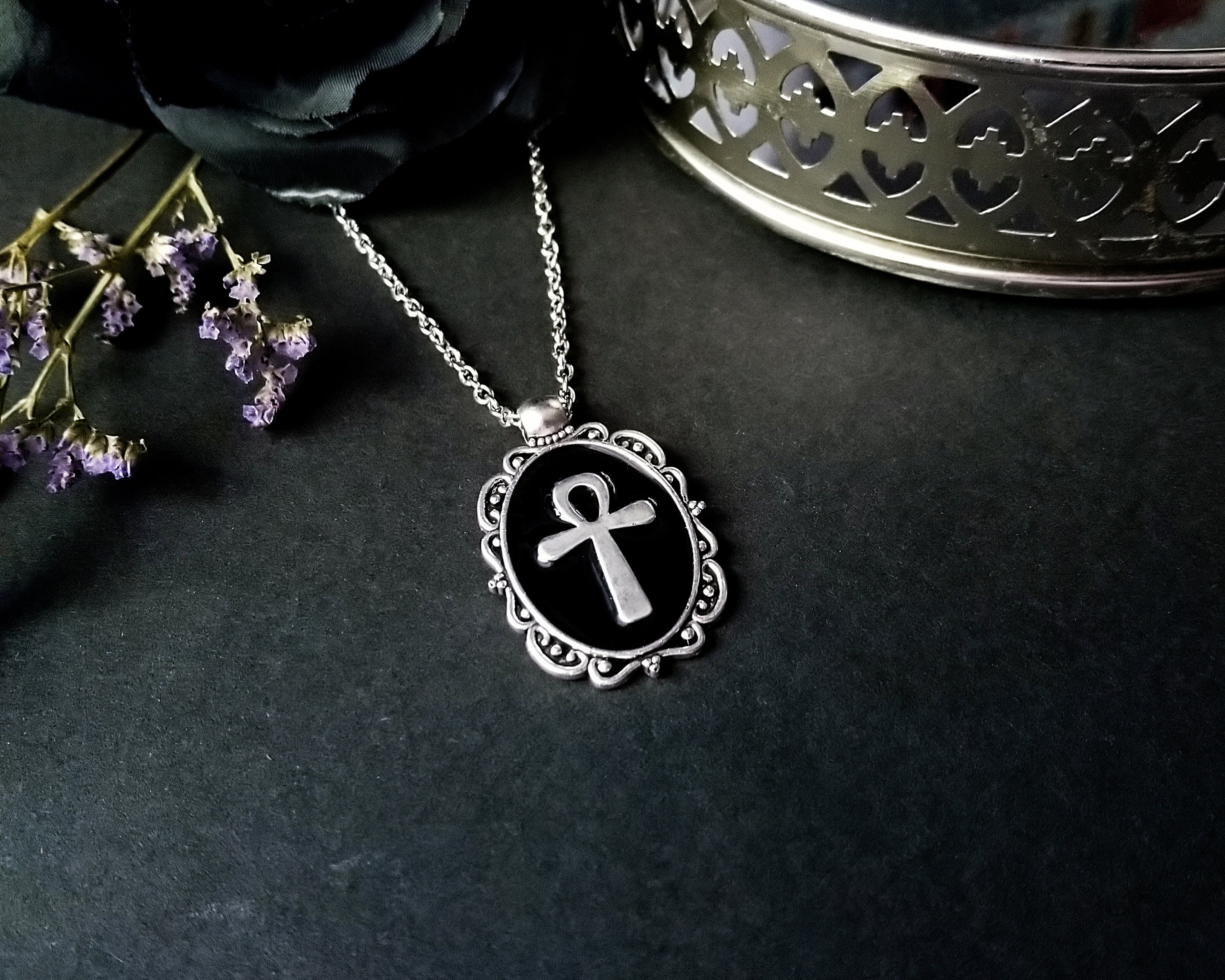 Gothic Cameo Necklace With Ankh Cross Silver Ornate Frame - Etsy
