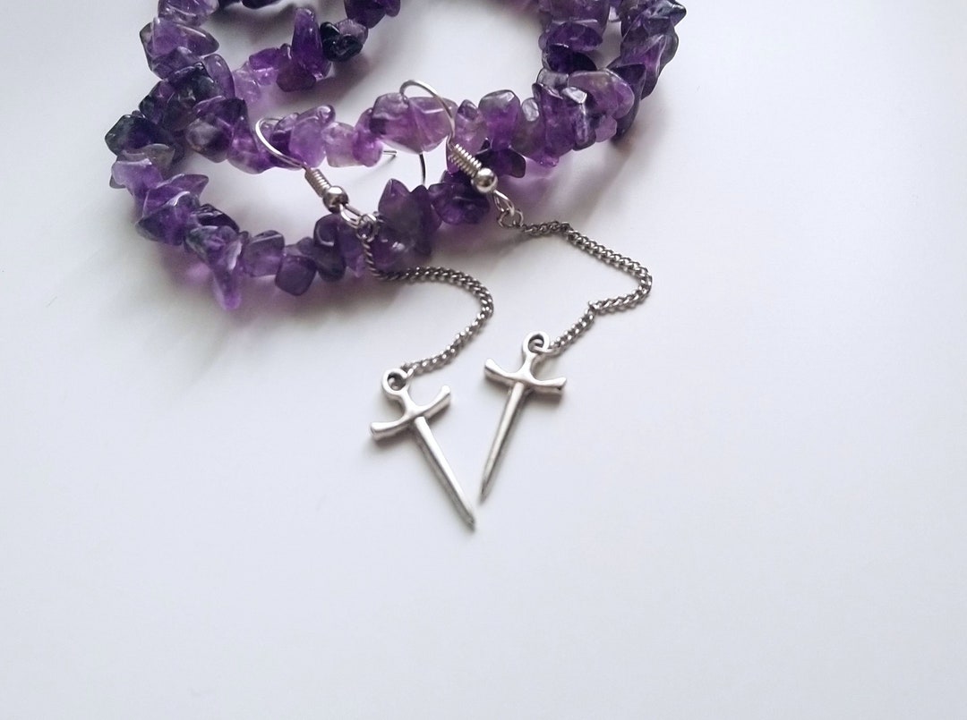 Silver Dagger Earrings With Chains, Chain Earrings With Tiny Dagger ...