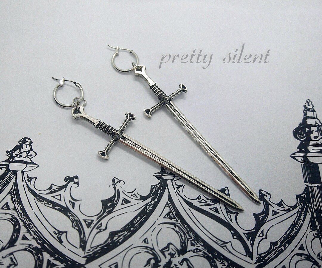 Big Sword Hoop Earrings, Silver Earrings With Swords, Warrior Earrings ...